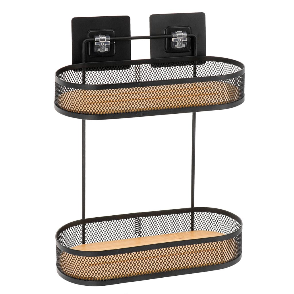Oval Metal Shelf 2 Levels / Bamboo Tiers On Adhesives Cards 3M- Black ...